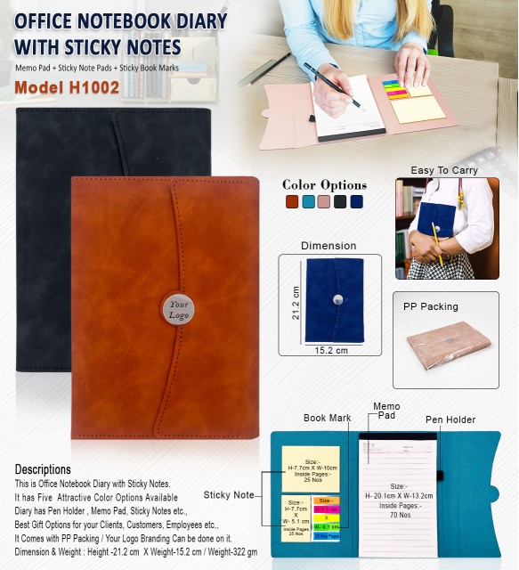 PU Leather Office Notebook Diary with Sticky Notes – H1002